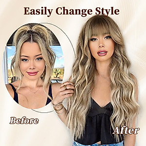 Cisyia Blonde Wigs with Bangs Ombre Blonde Wig for Women 26 Inches Long Wavy Curly Synthetic Heat Resistant Fiber Wigs for Girls Daily Party Use
