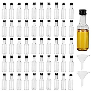 Cedilis 50 Pack 1.7floz Mini Liquor Bottles with Funnels, Airtight Plastic Spirit Bottle with Black Cap, Little Empty Clear Alcohol Shot Bottles, Miniature Bottles for Baby Shower, Weddings(50ml)