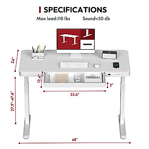 SANODESK Standing Desk with Drawer, Electric Height Adjustable Home Office Desk with Storage & USB Ports, 48 inch White Wood Tabletop/White Frame