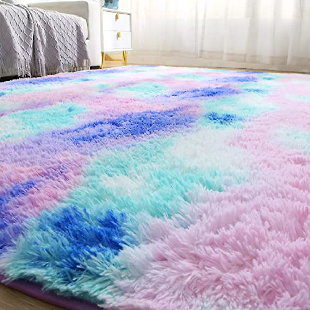 FGCOGOD Fluffy Soft Shag Rug for Bedroom, 3 x 5 Feet Kids Rugs for Bedroom Girls, Shaggy Tie Dyed Purple Blue Carpet for Living Room, Colorful Non-Slip Area Rug, Children Playroom Nursery Rug