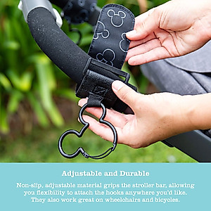 Disney Baby by J.L. Childress Mickey Mouse Stroller Hooks - Universal Stroller Clips with Non-Slip Straps - Durable Carabiners to Hold Water Bottles & Bags - 2 Pack - Disney Travel Accessory - Black