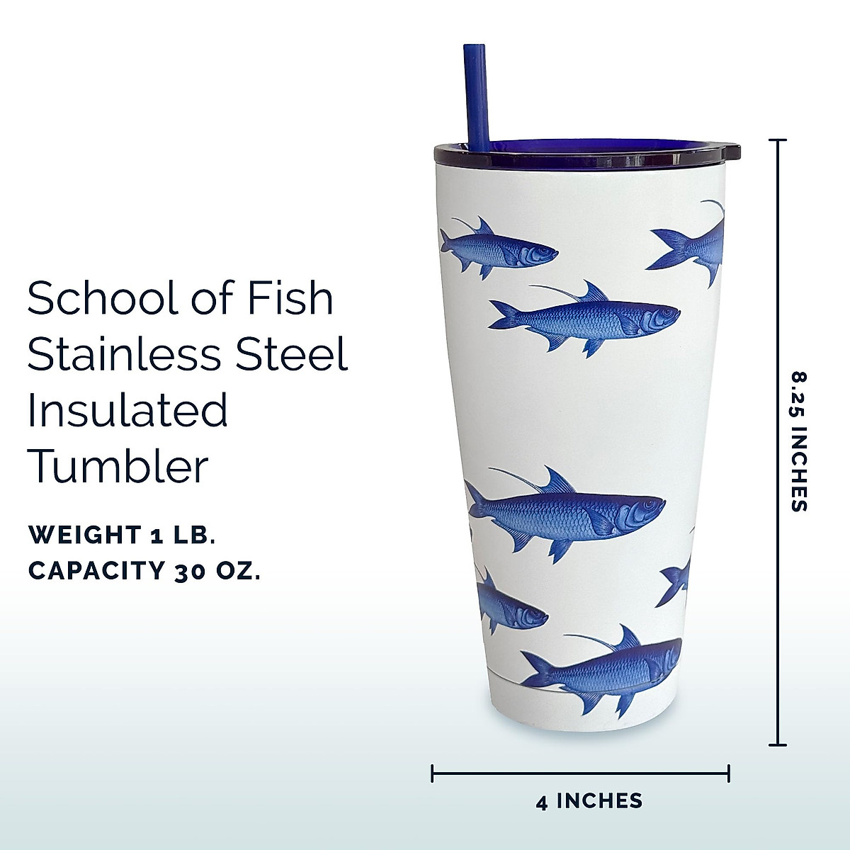 Caskata School of Fish Stainless Steel Insulated Tumbler | Cup, Lid & Straw Set for Travel, Commuting, & School | Perfect for Birthday, Christmas & Holiday Gifts | Blue on White Color | 30 oz