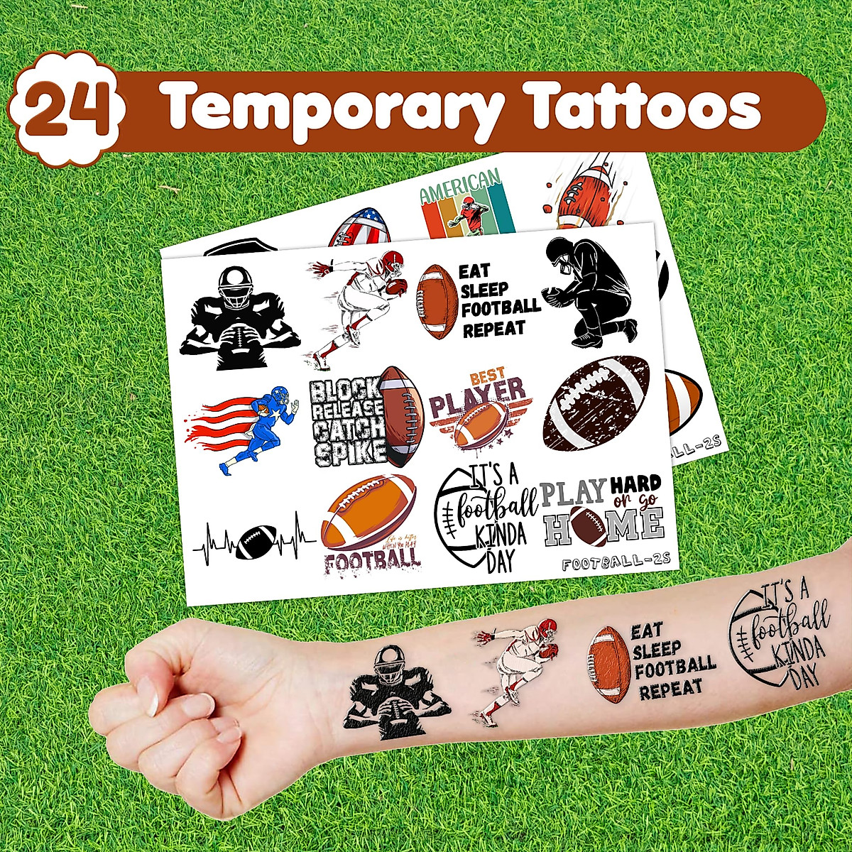 48PCS Football Party Favors 24PCS Tattoos 24PCS Slap Bracelets Wristbands Kids Themed Birthdays Party Supplies Decorations Decor American Rugby Fans Cheerleaders Boy Gifts School Classroom Prize