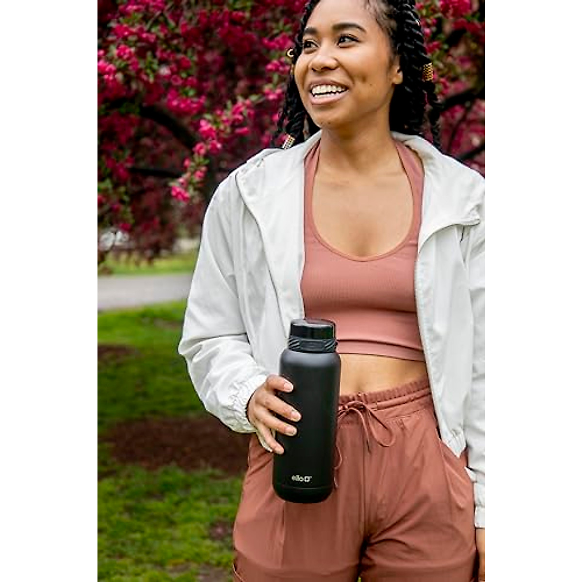 Ello Cooper 32oz Stainless Steel Water Bottle with Straw and Carry Handle, Double Walled and Vacuum Insulated Metal, Leak Proof Locking Lid with Soft Silicone Spout, Reusable, BPA Free, Black