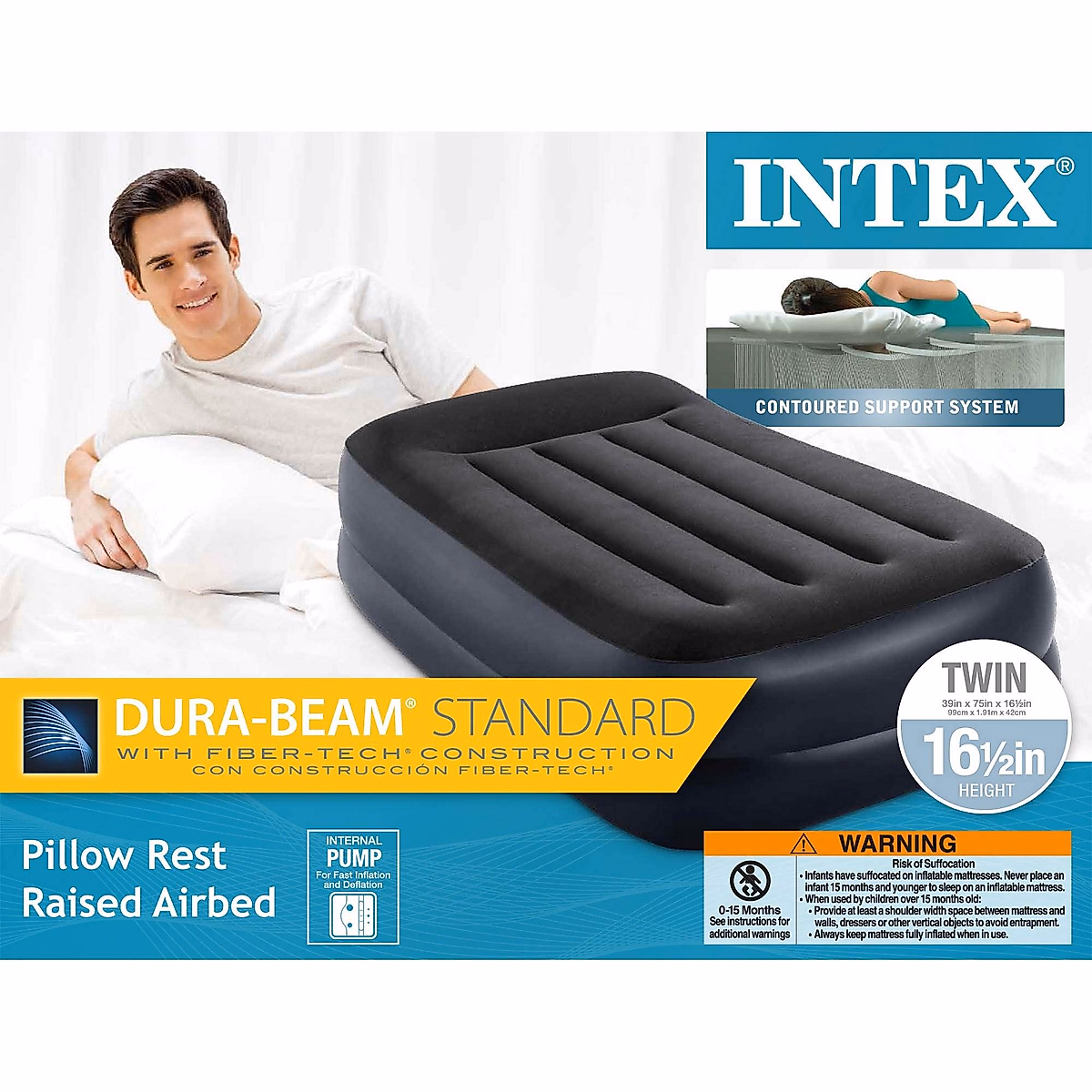 Intex Dura-Beam Fiber-Tech Elevated Inflatable Built-In Pillow Rest Raised Airbed Mattress with Internal Electric Pump and Carry Bag, Twin