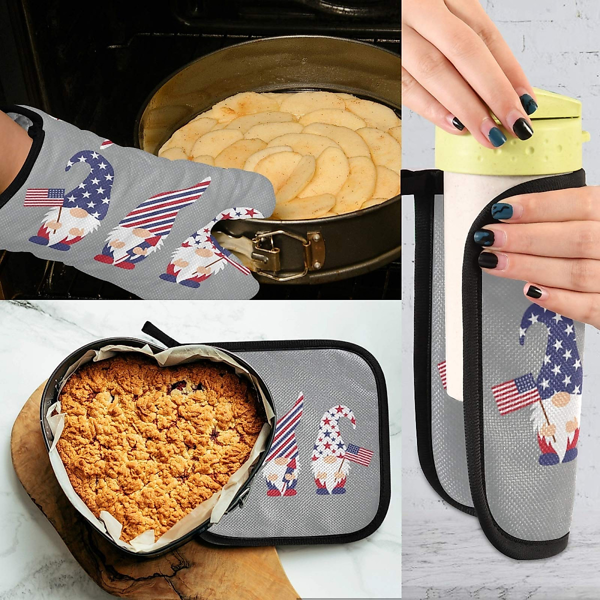 Exnundod America Flag Gnomes Oven Mitts Pot Holders Set,Memorial Day 4Th of July Patriotic Hot Pads&Gloves 2pcs for Kitchen Cookware Cooking BBQ Baking Bakeware Sets
