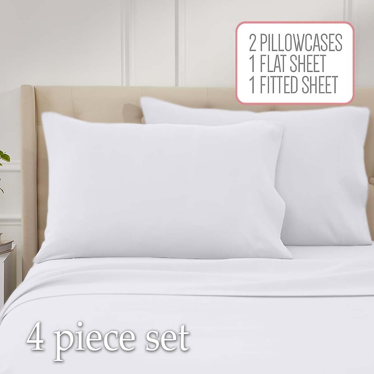 lalaLOOM Full Bed Sheet Set, Soft Microfiber Hotel Luxury Bedding, Extra Deep Pocket, 4 Piece Sheets and Pillowcase Sets, Breathable Wrinkle, Fade Resistant, Machine Washable Linen, Bright White