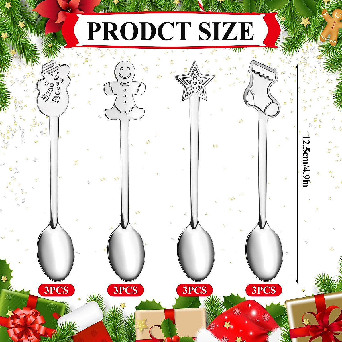 Eshylala 12 Pack Creative Christmas Spoon Stainless Steel Coffee Spoon Christmas Stirring Spoon Tea Spoon Soup Spoon, 5 Inch