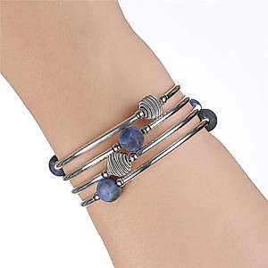 PEARL&CLUB Beaded Chakra Bangle Turquoise Bracelet - Fashion Jewelry Wrap Bracelet with Thick Silver Metal and Mala Beads, Birthday Gifts For Women (63-Navy Blue)