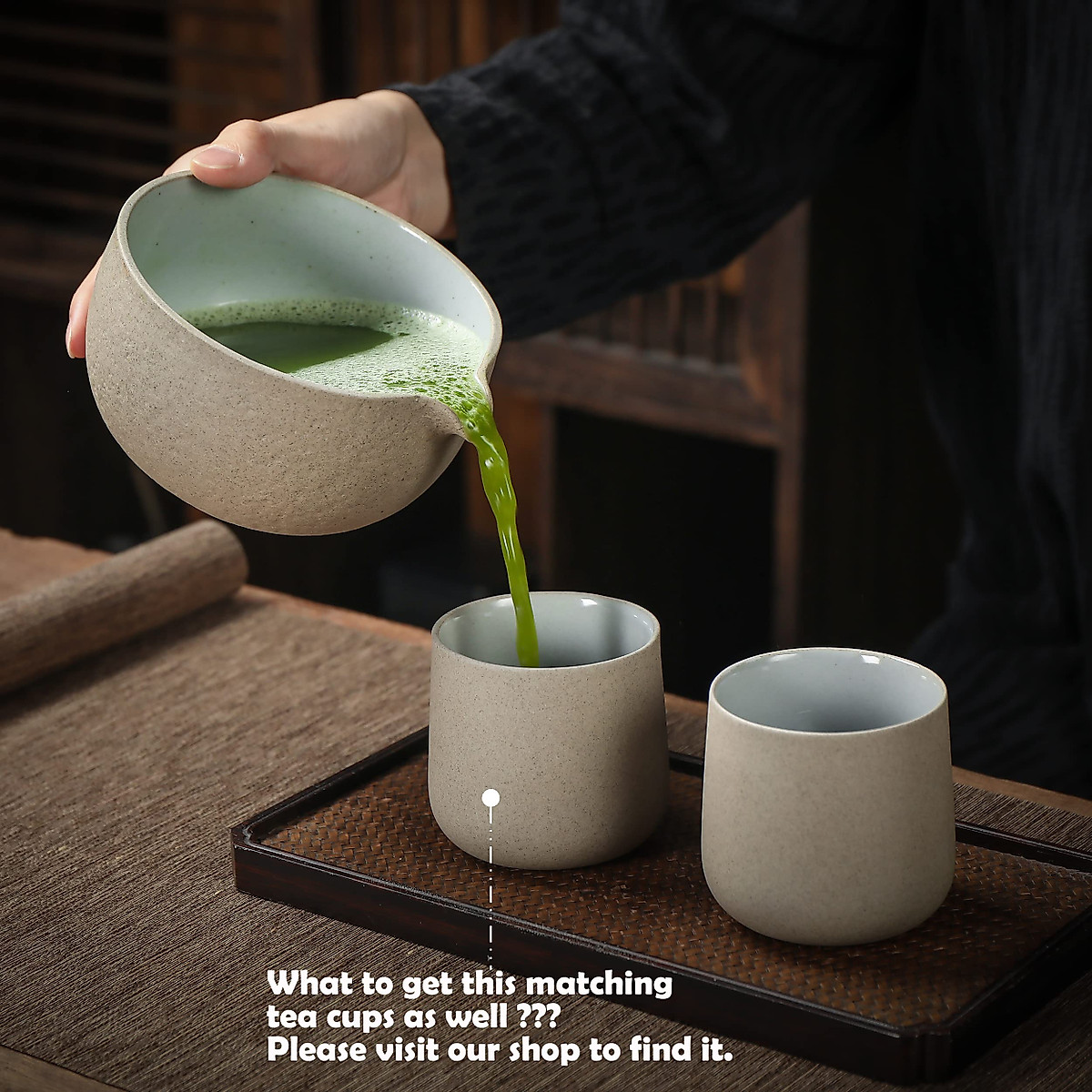 Japanese Tea Set (7pcs) Matcha Bowl with Pouring Spout Bamboo Matcha Whisk (chasen) Scoop (chashaku) Matcha Whisk Holder Tea Making Kit. N2, Darker Grey, Matcha Green Tea Powder