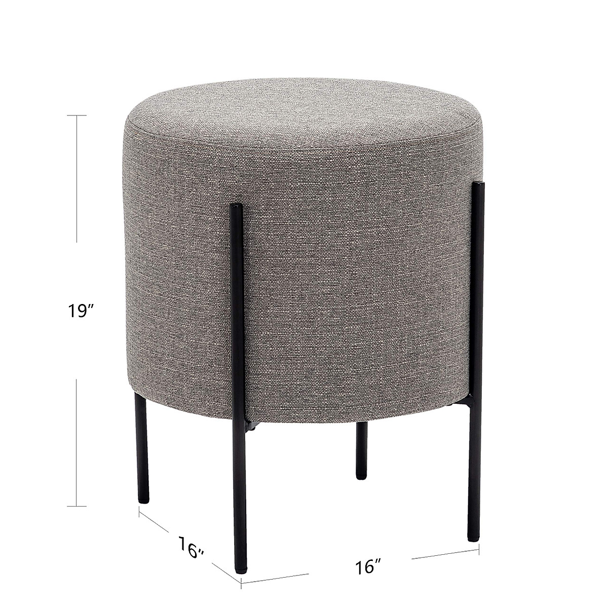 Wovenbyrd Modern Round Ottoman Footstool with Metal Base Legs, 16-Inch Wide, Gray Fabric