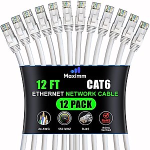 Maximm Cat 6 Ethernet Cable 12 ft (12-Pack) - High-Speed LAN Cable, Internet Cable, Patch Cable, and Network Cable - UTP, 10Gbps, 550MHz Ethernet Cord - White