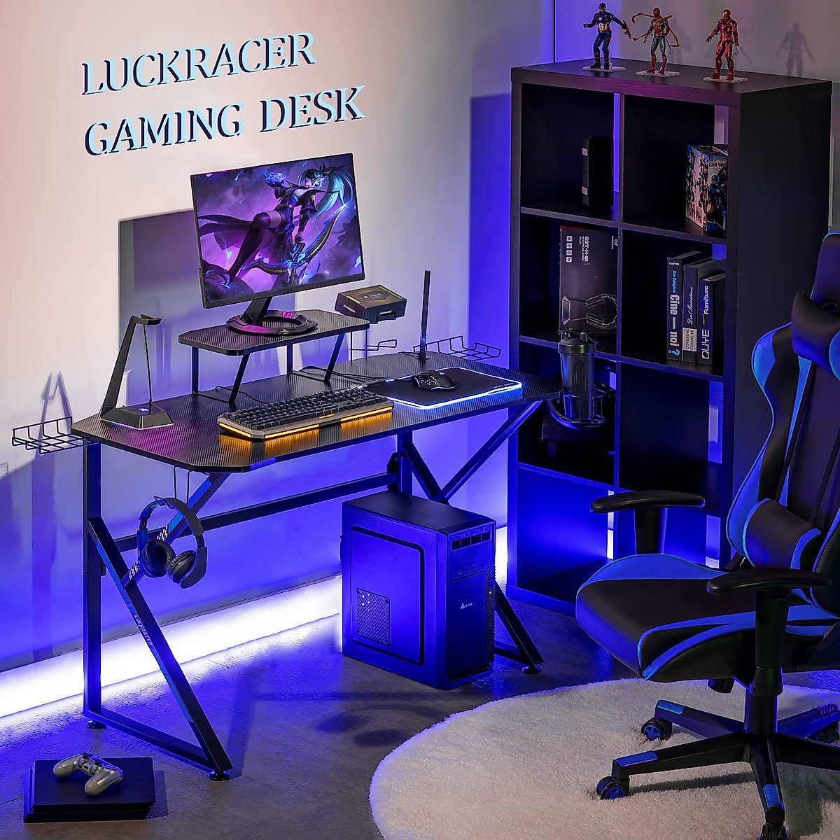 LUCKRACER Gaming Desk,39 Inch Gaming Table,K Shaped Computer Desk with Monitor Stand,Home Office Desk with Hook,CD/Gamepad Holder,Cup Holder and Speaker Holders Blue