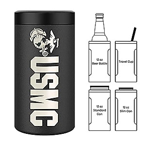 Marine Corps 4 in 1 Insulated Can Cooler, Stainless Steel Double-Walled Insulator for 12 oz Standard or Skinny Slim Cans, 12 Oz Beer Bottles & Mixed Drinks – Gifts for Marines