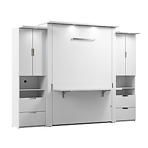 Bestar Lumina Murphy Bed with Desk and 2 Storage Cabinets in White, Sleeping Arrangement with Drawers, Queen