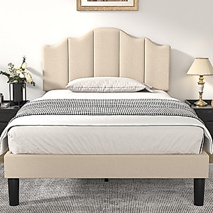 VECELO Twin Size Upholstered Platform Bed Frame with Adjustable Headboard, Wood Slat Support and Noise-Free, No Box Spring Needed, Easy Assembly, Pale Beige