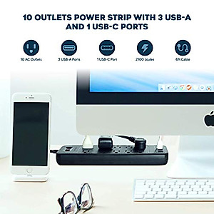 Power Strip Surge Protector USB-C and 10 AC Outlets, 3 USB and 1 USB C, Fast Charging Ports, Black, Flat Plug 6 ft Extension Cord, 2100 J 1875 Watts, 15A, Outlet Extender, ETL, BENTRONIC.