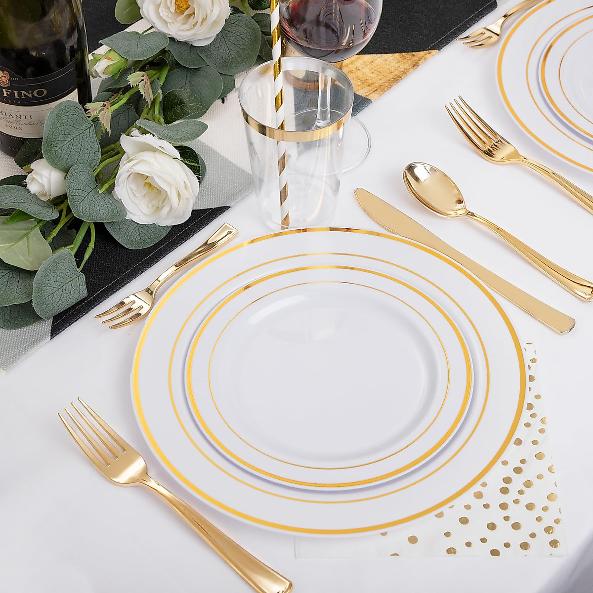 Ciaell 250PCS White and Gold Plastic Plates - Gold Disposable Plastic Plates Sets include 50Plates, 25Knives, 25Forks, 25Spoons, 25Mini Fork, 25 Cups, 25Paper Straws, 50Napkins for Thanksgiving, Party