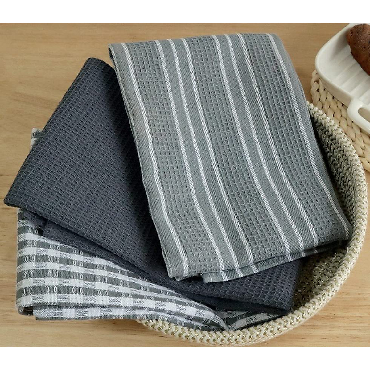100% Cotton Waffle Tea Towels Pack of 3 Set Trendy Stripes Dish Towels for Kitchen Pack of 3 Kitchen Tea Towel Set 17x25 in