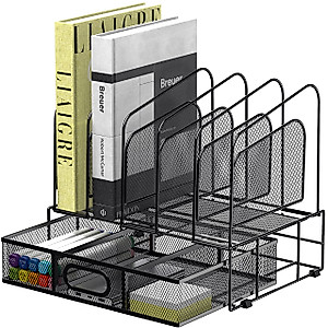 Delifox Mesh Metal Desk Organizers and Accessories Storage Holder - 5 Upright Sections and a Sliding Drawer, Desktop File Organizer File Sorter Office Supplies Organization for Home Office School
