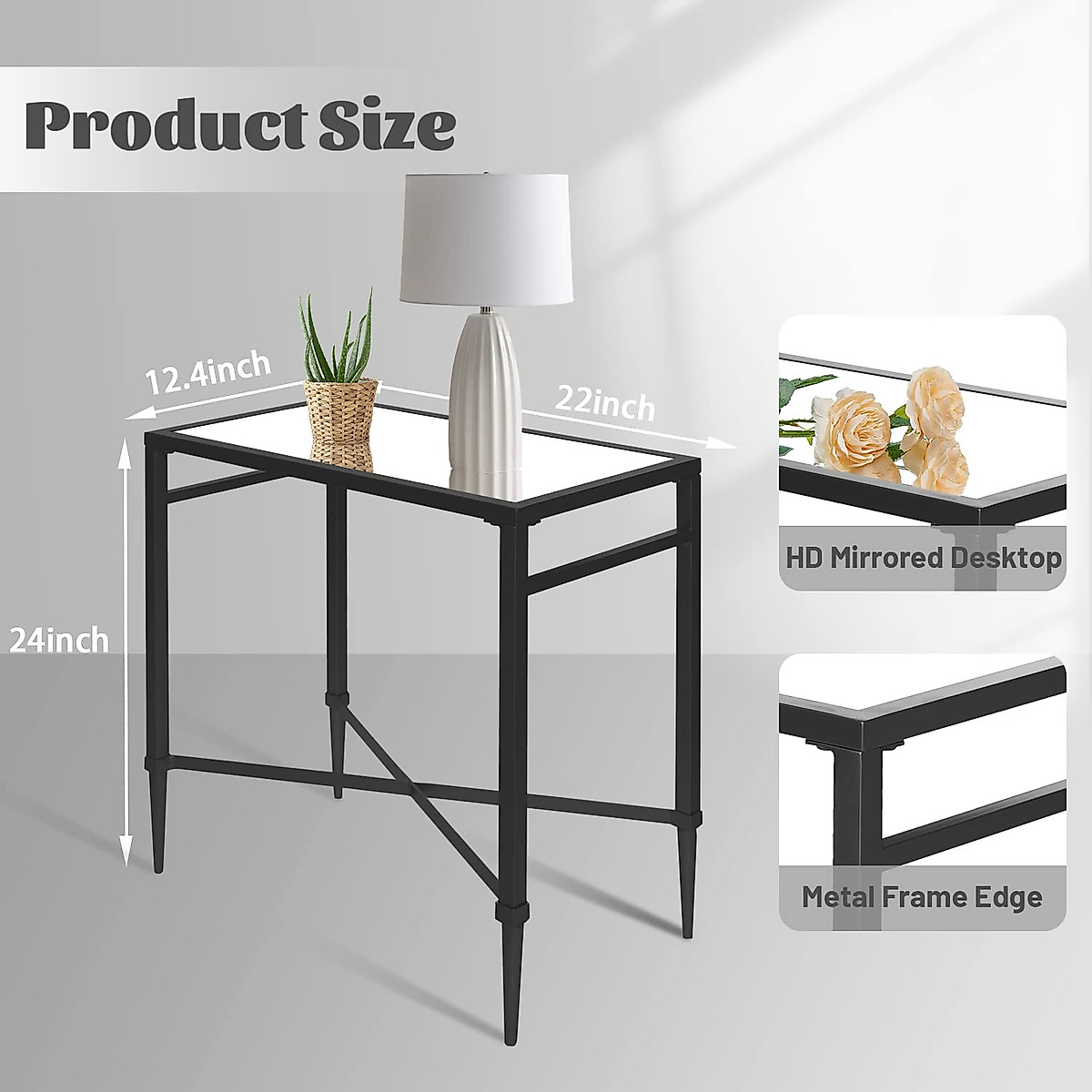 GIFTTROVE Black End Table, Rectangle Side Table with Mirrored Top, Modern Metal End Table, Small Narrow Side Table for Living Room, Balcony, 22" L x 12.4" W x 24" D