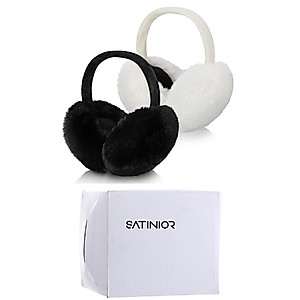 SATINIOR 2 Pieces Winter Ear muffs Faux Fur Earmuffs Cute Foldable Outdoor Ear Warmers Faux Fur Ear Warmers for Women (Black, White), One Size