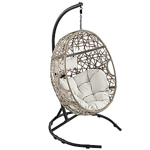 Ulax Furniture Egg Chair, Hanging Swing Chair with Stand, Outdoor Patio Wicker Tear Drop Hammock Chair with Cushion (Beige)