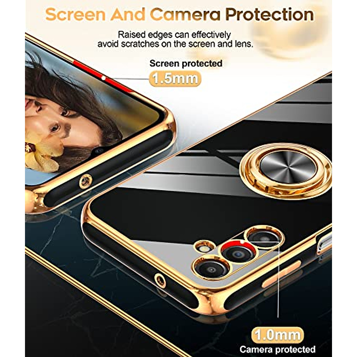 LeYi for Samsung Galaxy A14 5G Case: with 2 Pack Tempered Glass Screen Protector and 360° Rotatable Ring Holder Magnetic Kickstand, Plating Rose Gold Edge Protective Samsung A 14 5G Case, Black