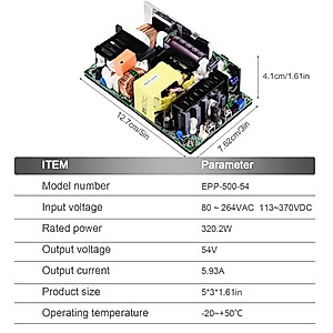TorqCali EPP-500-54 500W 54V Open Frame Power Supply, Constant Voltage, 5"x3", Green, Industrial Grade, for Industrial Machinery, Battery Charging, Telecom Systems