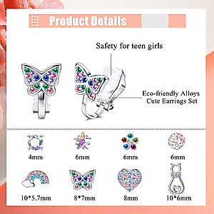 JeryWe 8 Pairs Clip on Earrings for Women Cubic Zirconia Pearl Heart Flower Rainbow Cat Butterfly Turtle Non Pierced Earrings Hypoallergenic Clip Earrings Set