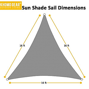 KHOMO GEAR Triangle Sun Shade Sail 16x 16 x 16 Ft UV Block Fabric - Grey