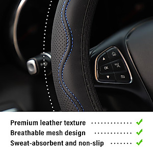 OFBAND Breathable Car Steering Wheel Covers,Anti-Slip Leather Steering Wheel Cover with Elastic for Car Decorations,Universal Car Accessories Interior 15 Inch Steering Wheel Protector (Black Blue)