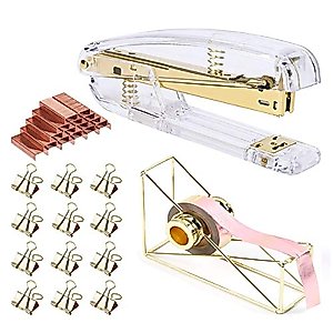 Gold Stapler and Tape Dispenser Set - Gold Office Supplies with 12 Binder Clips and 1000 Rose Gold Staples, Luxury Acrylic Gold Desk Accessories & Decorations