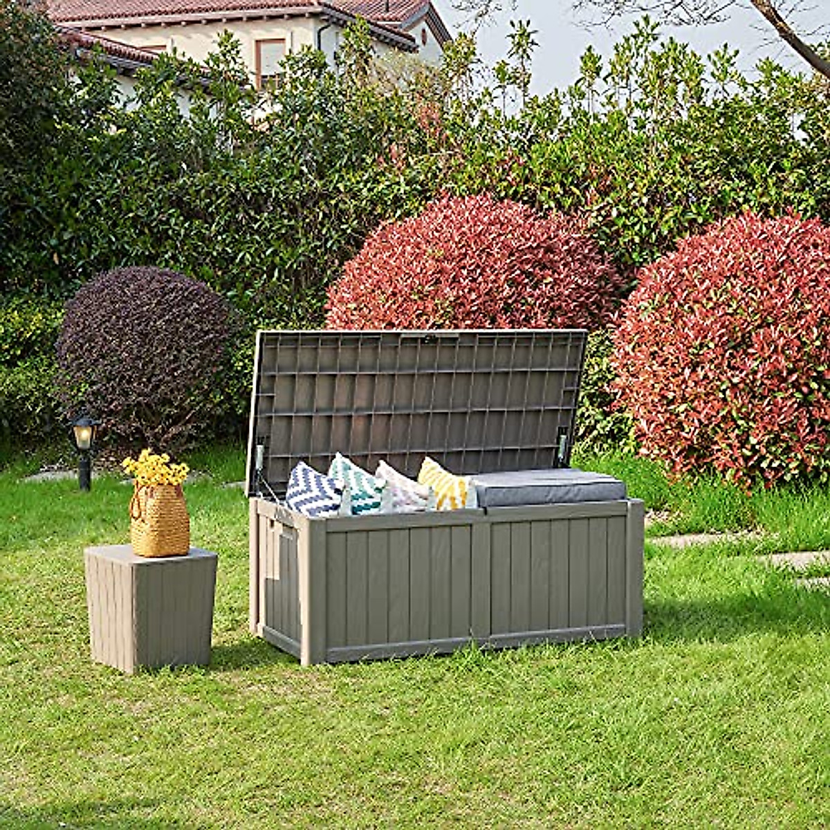 YITAHOME 120 Gallon Outdoor Storage Deck Box, Large Resin Patio Storage for Outdoor Pillows, Garden Tools and Pool Supplies, Waterproof, Lockable (Light Brown)