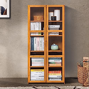Magshion Bamboo 5-Tier Shelf Living Room Storage Tall Bookcase Cabinet with Clear Doors, Brown 23.5" L x 11.9" W x 50" H Home Office Multipurpose Tower Media Organizer Bookshelf