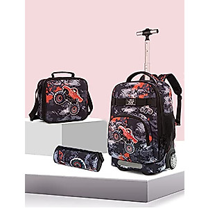 MOHCO 19 inch Rolling Backpack Set Wheeled School Book bag with Insulated Lunch Bag and Pencil Case (Moto)