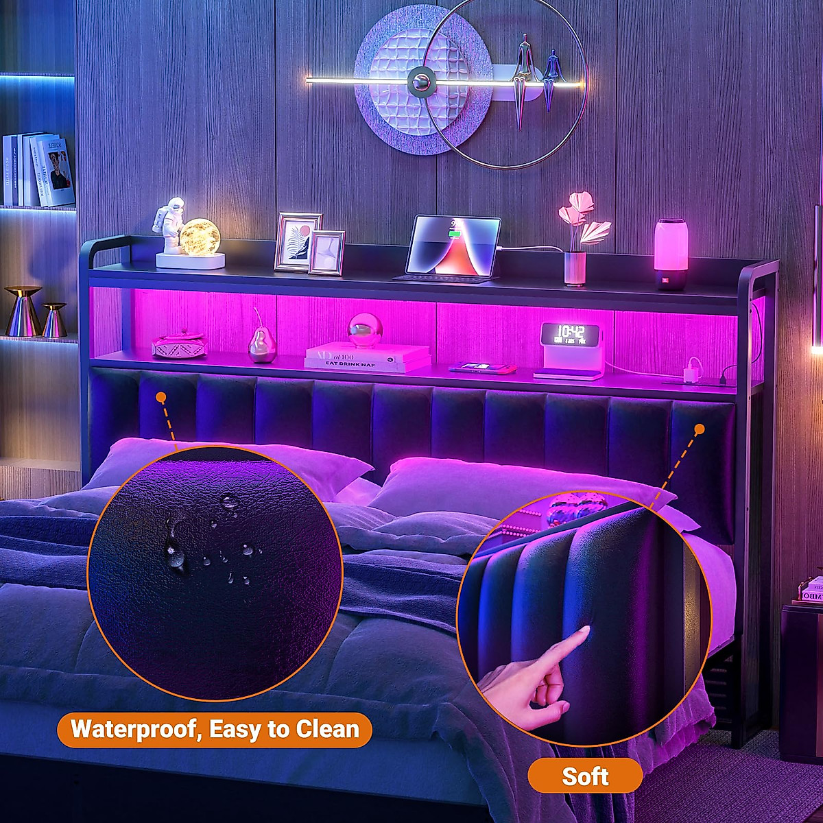 Aheaplus Headboard for Full Size Bed Frame, Upholstered Headboards with Outlets, USB Ports and LED Light, Leather Head Board with Storage, Height Adjustable, Comfortable Headboard, Full Size, Black