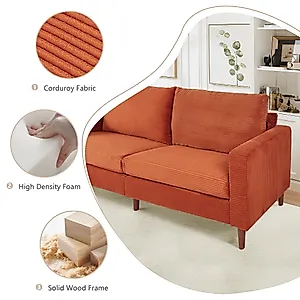 Setawix 82.6 Inch Oversized Loveseat Sofa, Corduroy Upholstered Sleeper Sofa Comfy Modular Couch with Wood Legs, Modern Deep Seat Sectional Couches for Living Room Bedroom Apartment, Orange