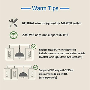 3 Way Smart Dimmer Switch Kit, TESSAN WiFi Dimmable Led Light Switch Work with Alexa, Google Home, Multiple-Locations, Neutral Wire Required, Programmable Timer Schedule Wall Switch