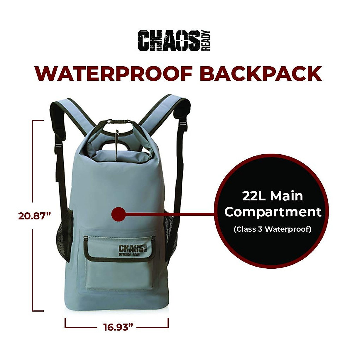 Chaos Ready Waterproof Dry Bag Backpack | Marine Dry Bag For Kayaking, Fishing, Gray,