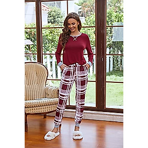 Ekouaer Women's Long Sleeve Pj Soft Crew Neck Pajama Long Sleeve Sweatshirt with Long Pants Red Plaid,Small