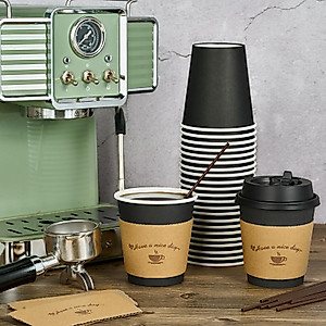 LITOPAK 100 Pack 10 oz Paper Coffee Cups, Drinking Cups for Hot Coffee Chocolate Drinks, Disposable Coffee Cups with Lids, Sleeves and Stirring Sticks, Black Hot Coffee Cups for Home and Cafes.