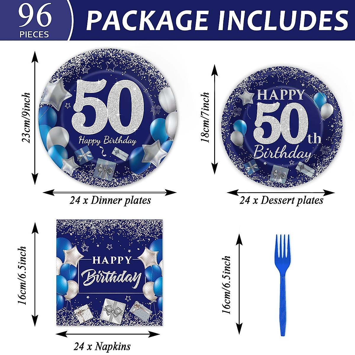 96 Pcs 50th Birthday Party Supplies Navy Blue and Silver Birthday Plates 50th Birthday Paper Tableware Happy Birthday Party Plates and Napkins Forks Blue Birthday Table Decorations for 24 Guests