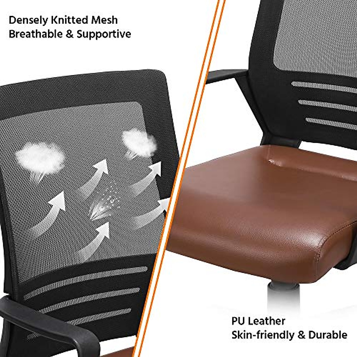 Topeakmart Executive Office Chair, Adjustable Swivel Desk Chair with Lumbar Support, Mesh Computer Chair with PU Leather Padded Seat for Back Pain/Home/Workplace Brown