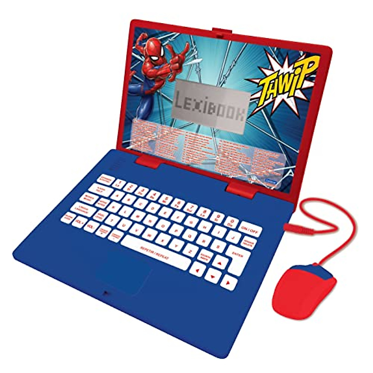 LEXiBOOK JC598SPi4 Marvel Spiderman-Educational and Bilingual Laptop Portuguese/English-Girls Toy with 124 Activities to Learn, Play Games and Music with Elsa & Anna-Blue/Red