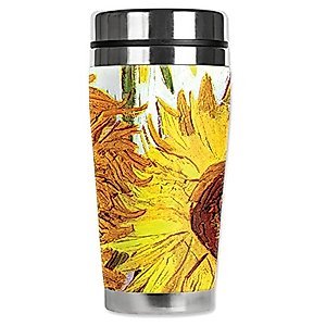Mugzie "Van Gogh: Sunflowers" Stainless Steel Travel Mug with Insulated Wetsuit Cover, 20 oz, Black
