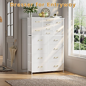 YILQQPER Tall Dresser for Bedroom,16 Drawer Dressers & Chests of Drawers, Fabric Bedroom Dresser with Wood Top, Metal Frame, Tall Storage Tower for Closet Entryway, White