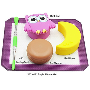 Pearwell Silicone Wax Containers 7ml 11ml 12ml Owl Moon Concentrate Jars with 5.9"×4.9" Purple Mat and 4.8“ Carving Tool