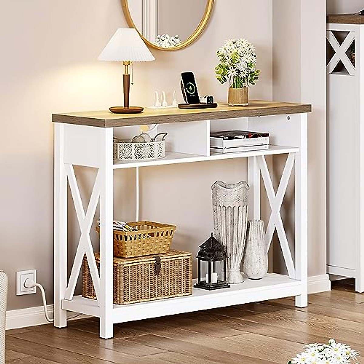 YITAHOME Farmhouse Console Table for Entryway with Charging Station, 40 inch Entryway Tables with Storage Shelf Narrow Sofa Table for Entryway, Living Room, Hallway, Grey Wash