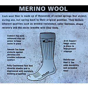 Drake Premium Thermal 80% Merino Wool Smooth Toe Hiking Crew Socks 1 Pair (Denim, Men's Shoe Size 9-13)